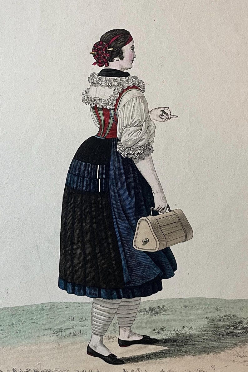 Antique Hand-coloured Engraving of Tyrolean Girl, Antique Costume ...