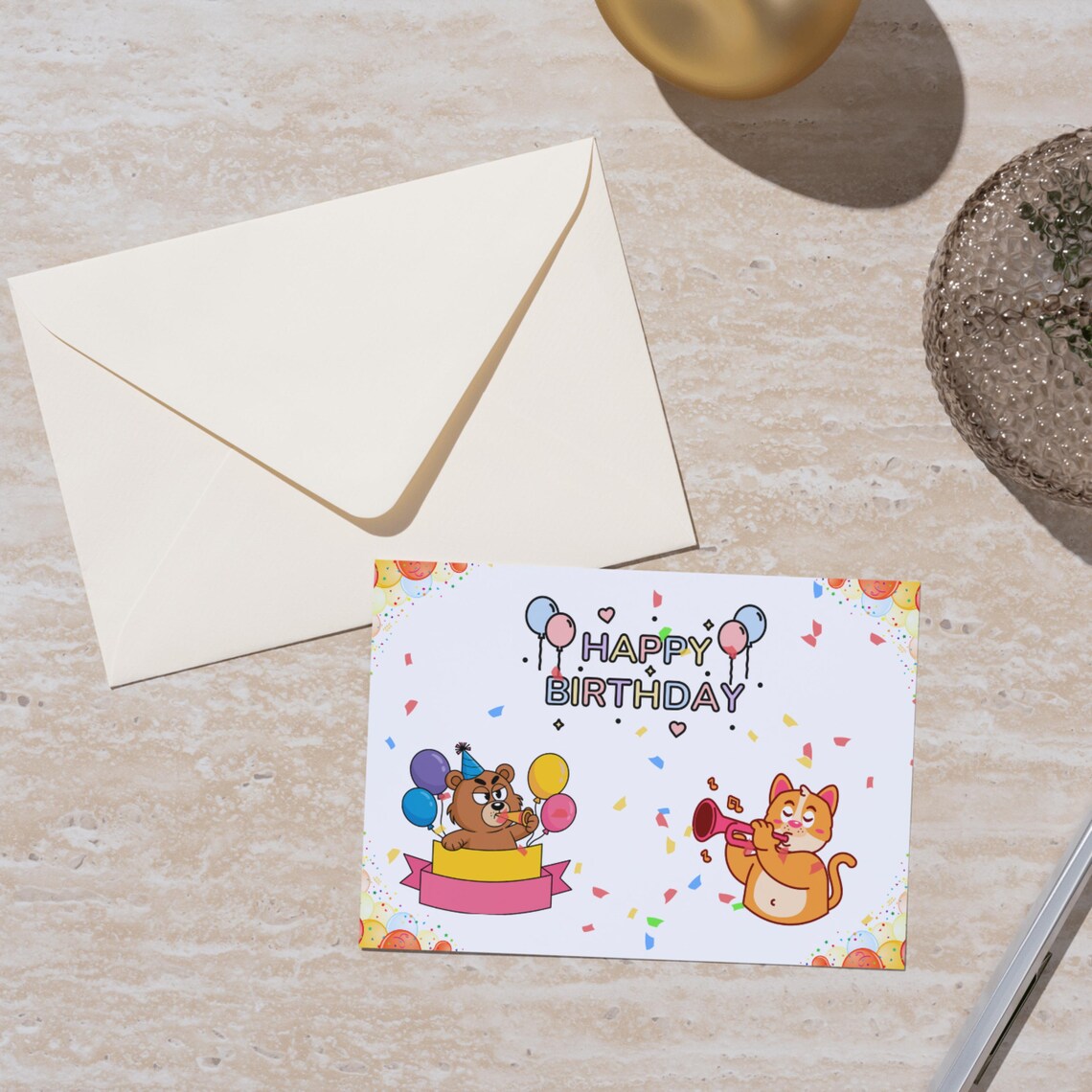 Cute Animal Birthday Card Printable, Funny Bear & Cat Birthday Card ...
