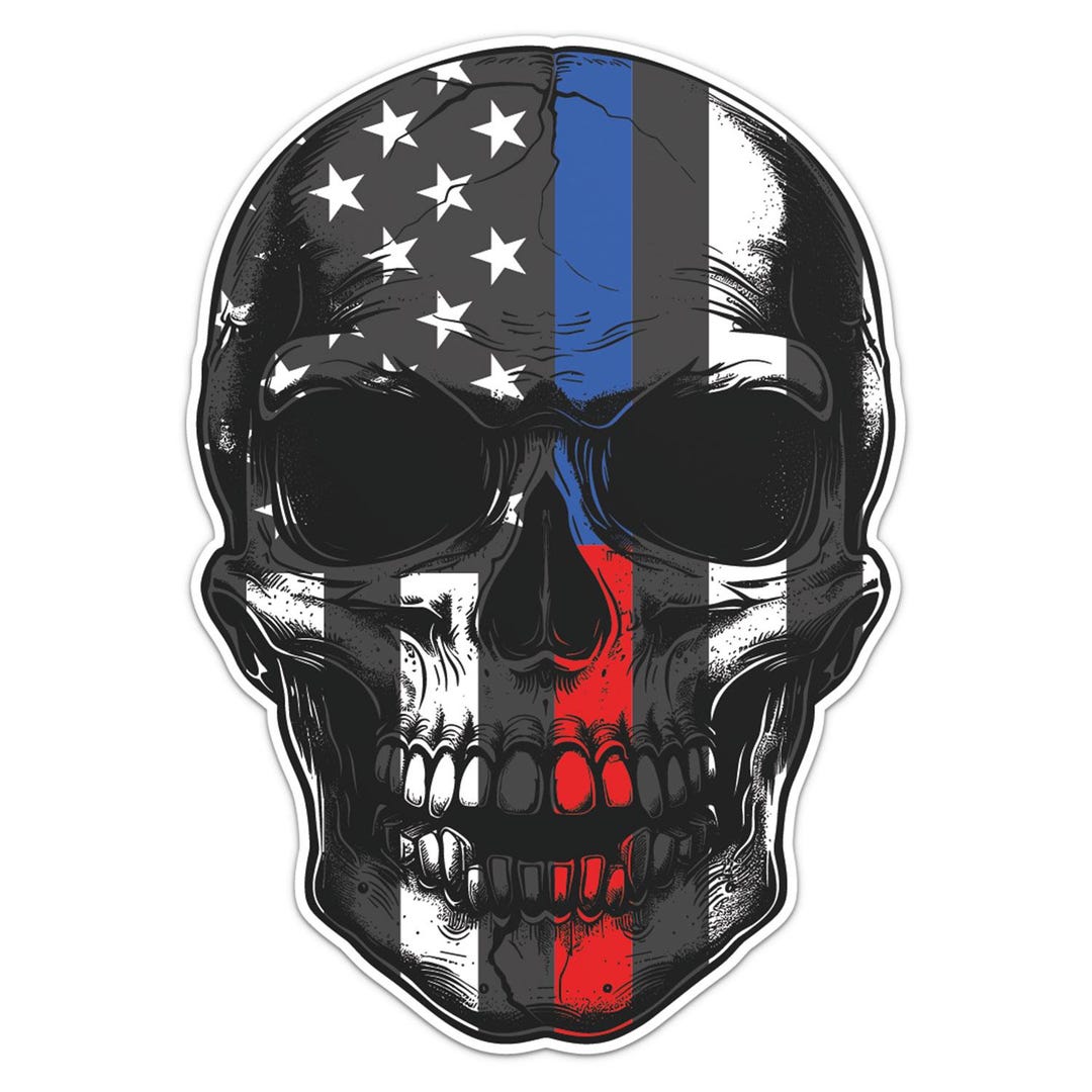 Skull Thin Blue and Red Line Honoring Police and Firefighters American ...