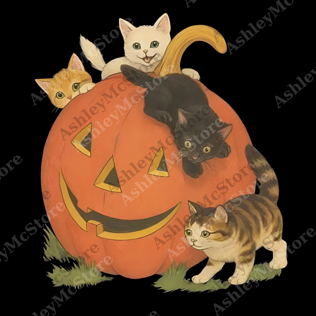 Vintage 90s Cat Halloween Png, Retro Cute Cats Fall Vibes Digital File ...
