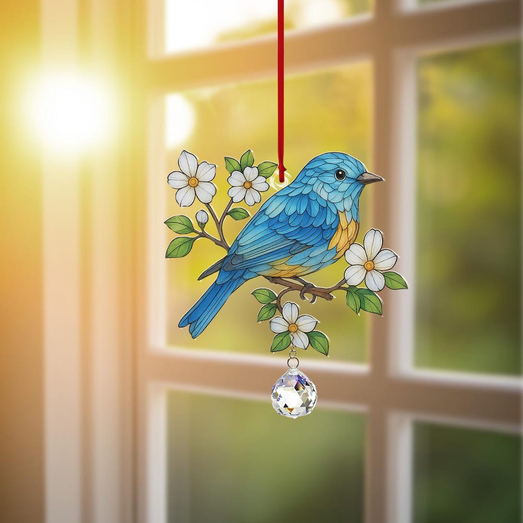 Bluebird With Crystal Window Hanging, Vibrant Acrylic Bird Decor ...