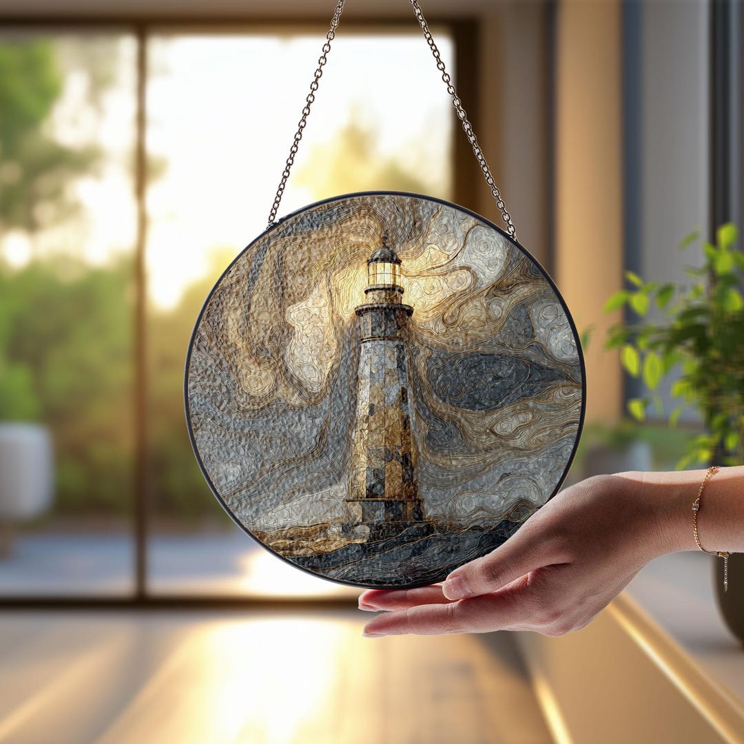 Lighthouse Stained Glass Suncatcher – Round Nautical Window Hanging ...