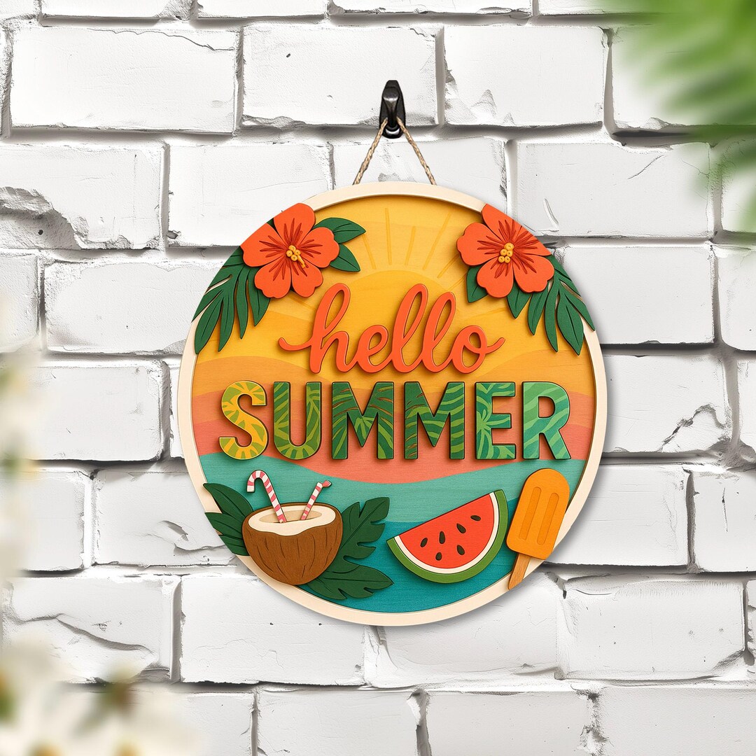 Hello Summer Wooden Door Sign – Tropical Wall Hanging With Watermelon ...