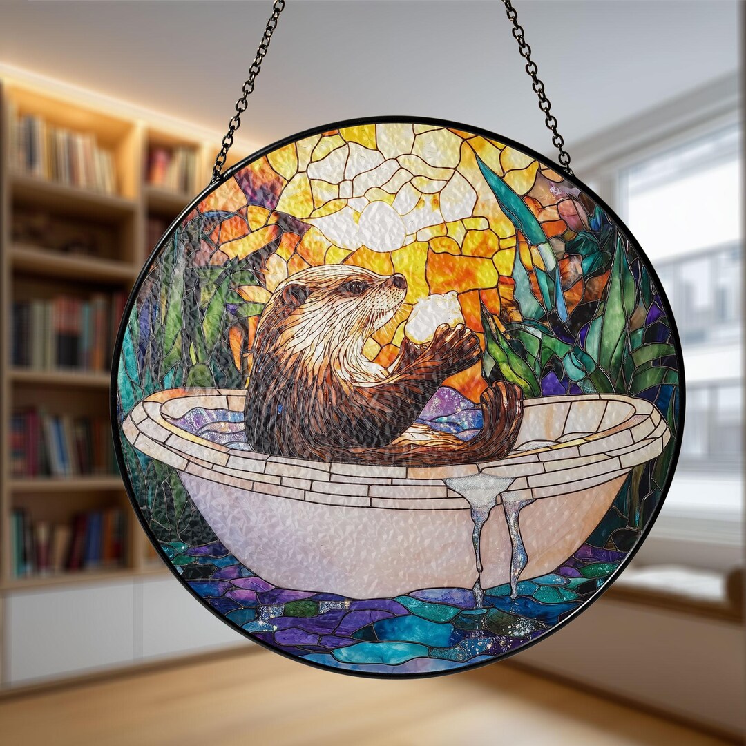 Otter in Bathtub Stained Glass Window Hanging – Whimsical Animal ...