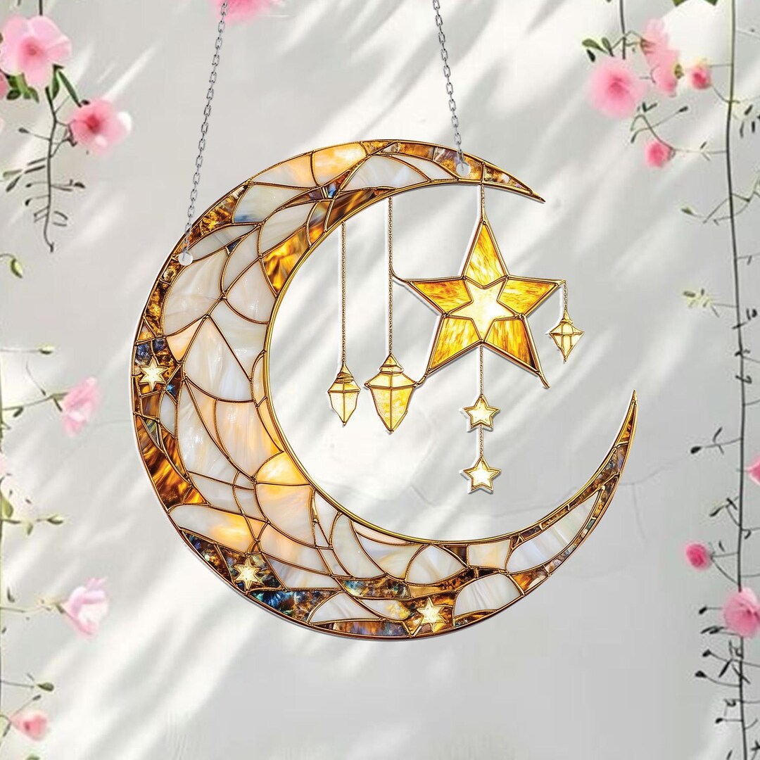 Golden Crescent Moon and Star Window Hanging – Elegant Celestial Home ...