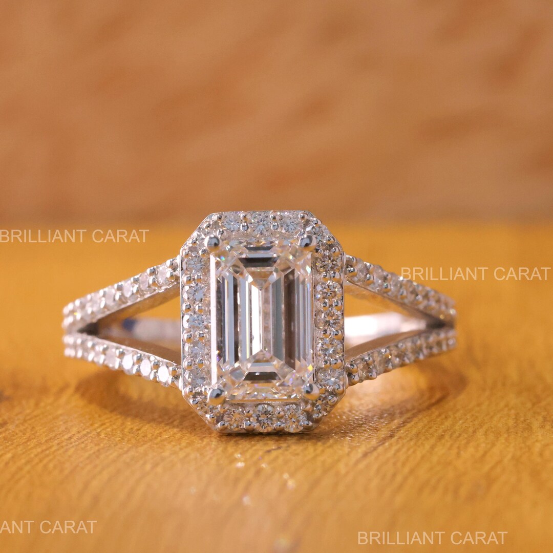White Gold Pave Prongs Engagement Ring Emerald Lab Grown Diamond Ring ...