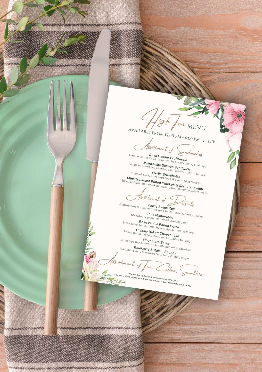 Afternoon Tea Elegant Menu Design With Floral Accents and Script Fonts ...