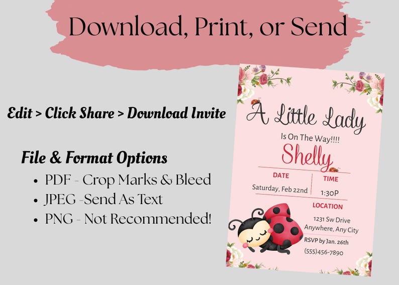 Editable Ladybug Baby Shower Invitation Girl | Little Lady is on the ...