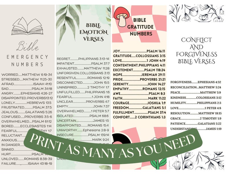 Bible Bookmark for Emotions Jesus Verses Christian Emergency Numbers - Etsy