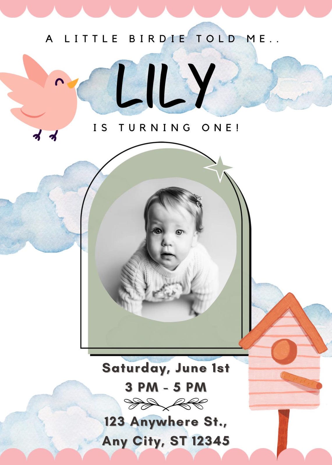 Birdie Birthday Invitation Template – Spring Girl Party (editable ...