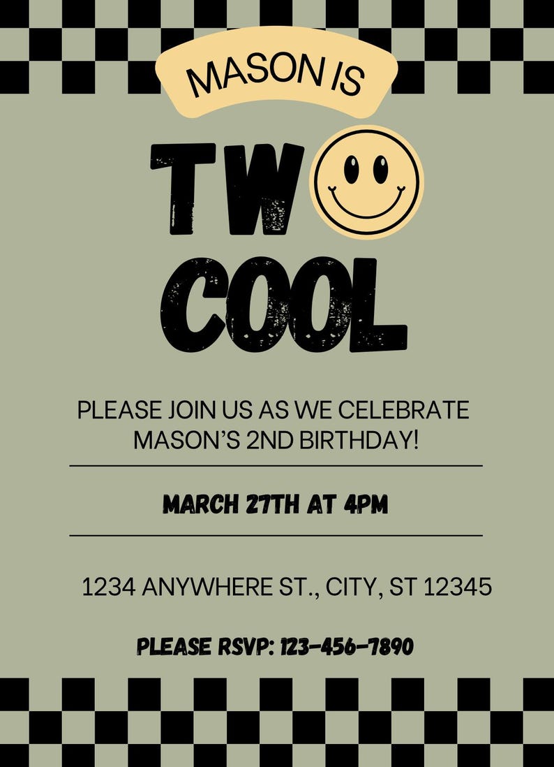 Two Cool Birthday Party Invitation Template, Green - Etsy