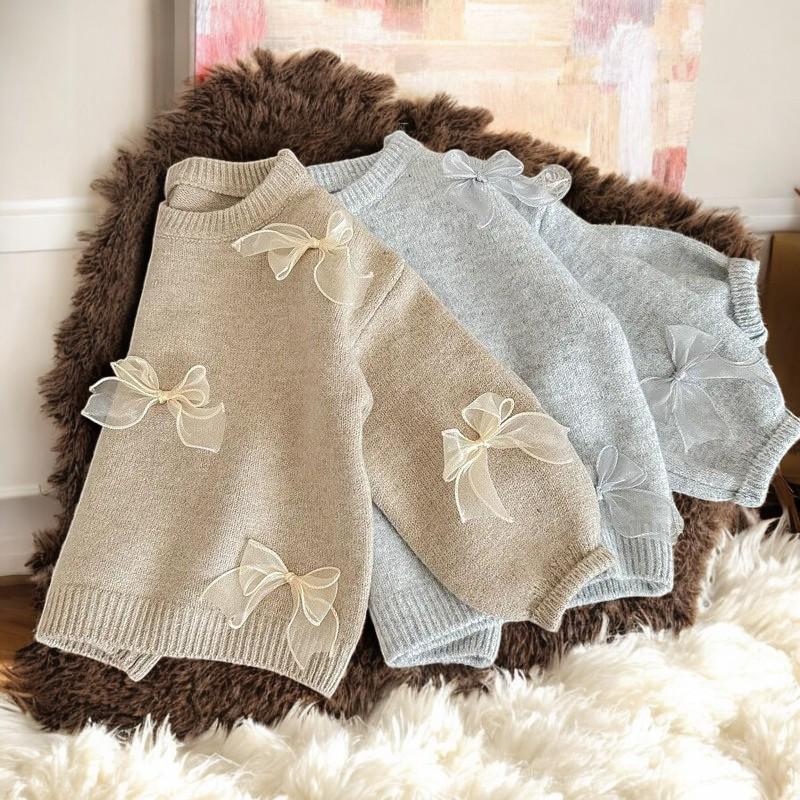 Adorable Girl's Grey/beige Jumper With Bows - Cozy and Stylish Knit ...
