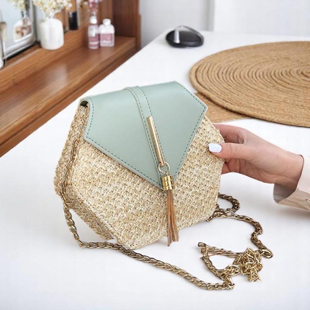 Hexagon Style Straw and Leather Shoulder Bag for Women | Summer Rattan ...