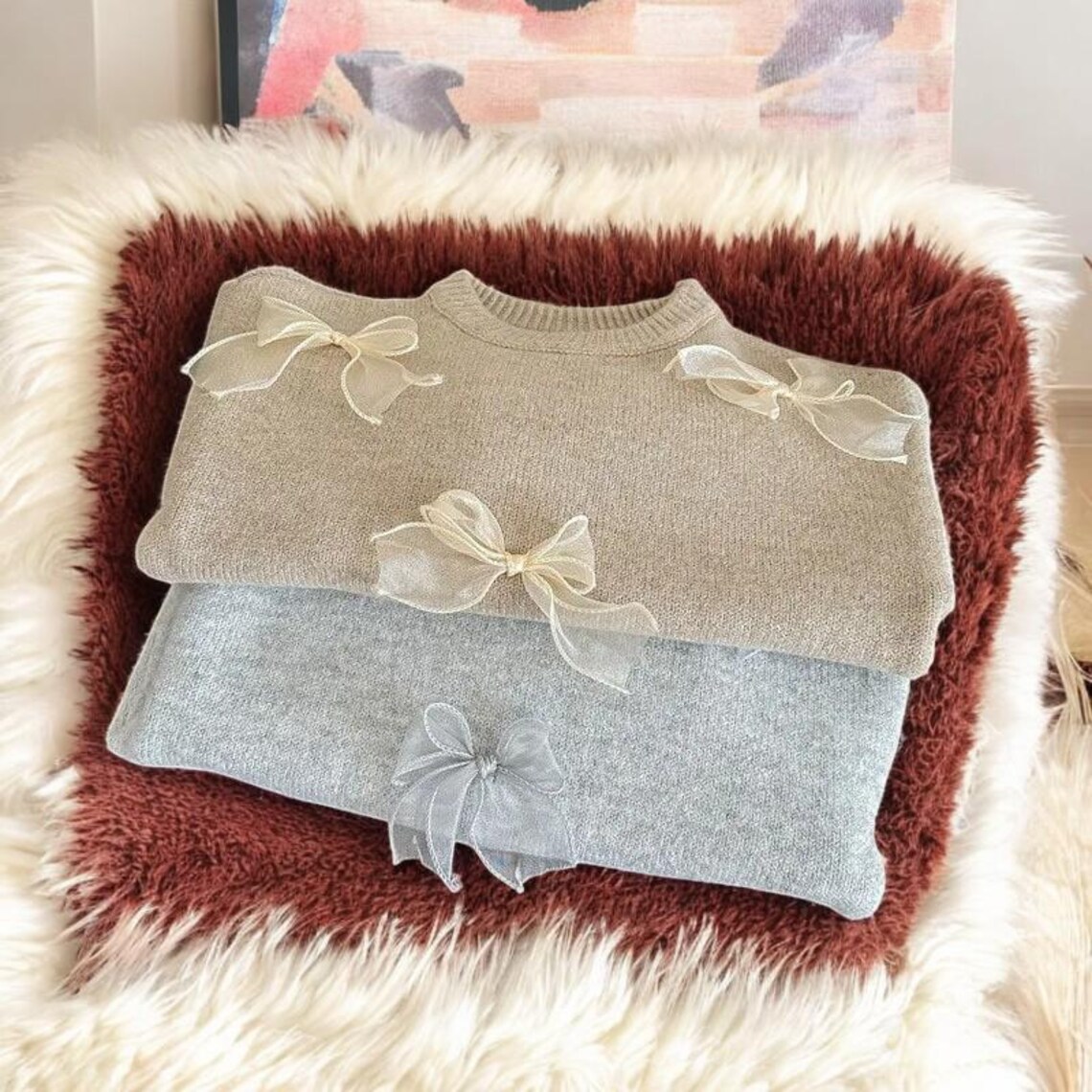 Adorable Girl's Grey/beige Jumper With Bows - Cozy and Stylish Knit ...