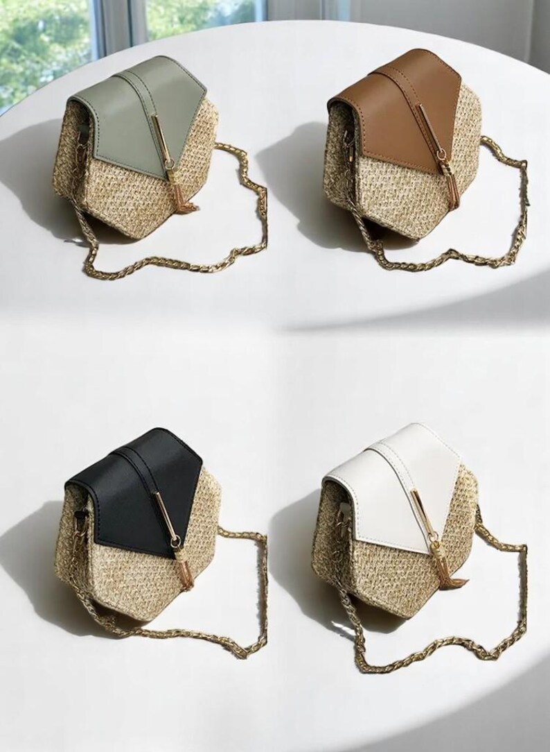 Hexagon Style Straw and Leather Shoulder Bag for Women | Summer Rattan ...