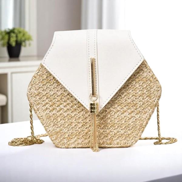 Hexagon Style Straw and Leather Shoulder Bag for Women | Summer Rattan ...