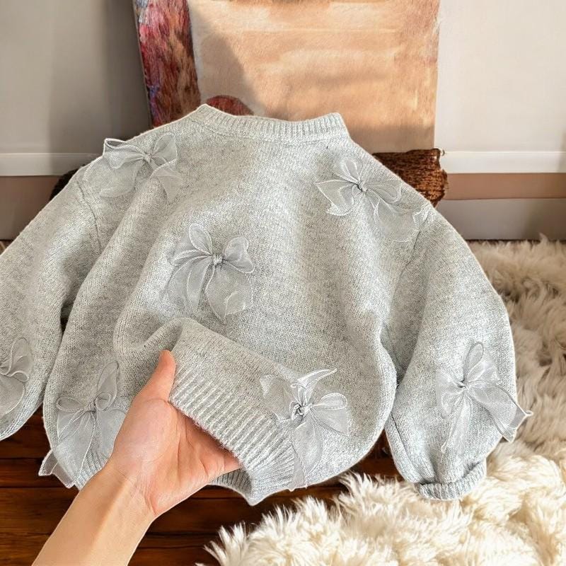 Adorable Girl's Grey/beige Jumper With Bows - Cozy and Stylish Knit ...