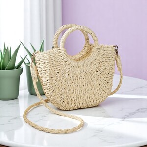 Boho Round Straw Bag – Handmade Woven Circle Purse With Handle & Strap ...