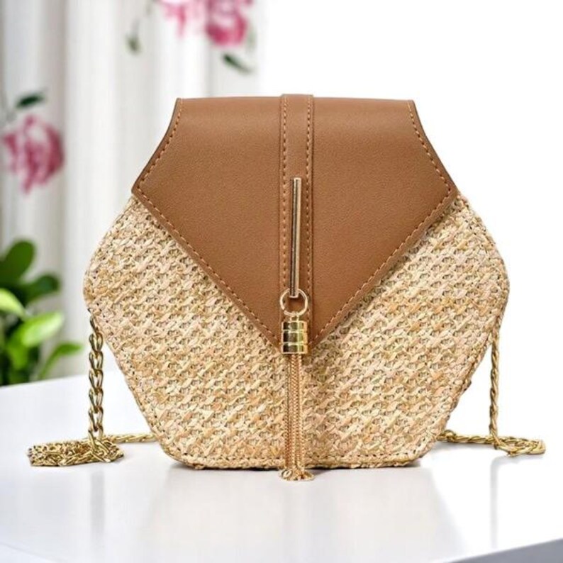 Hexagon Style Straw and Leather Shoulder Bag for Women | Summer Rattan ...