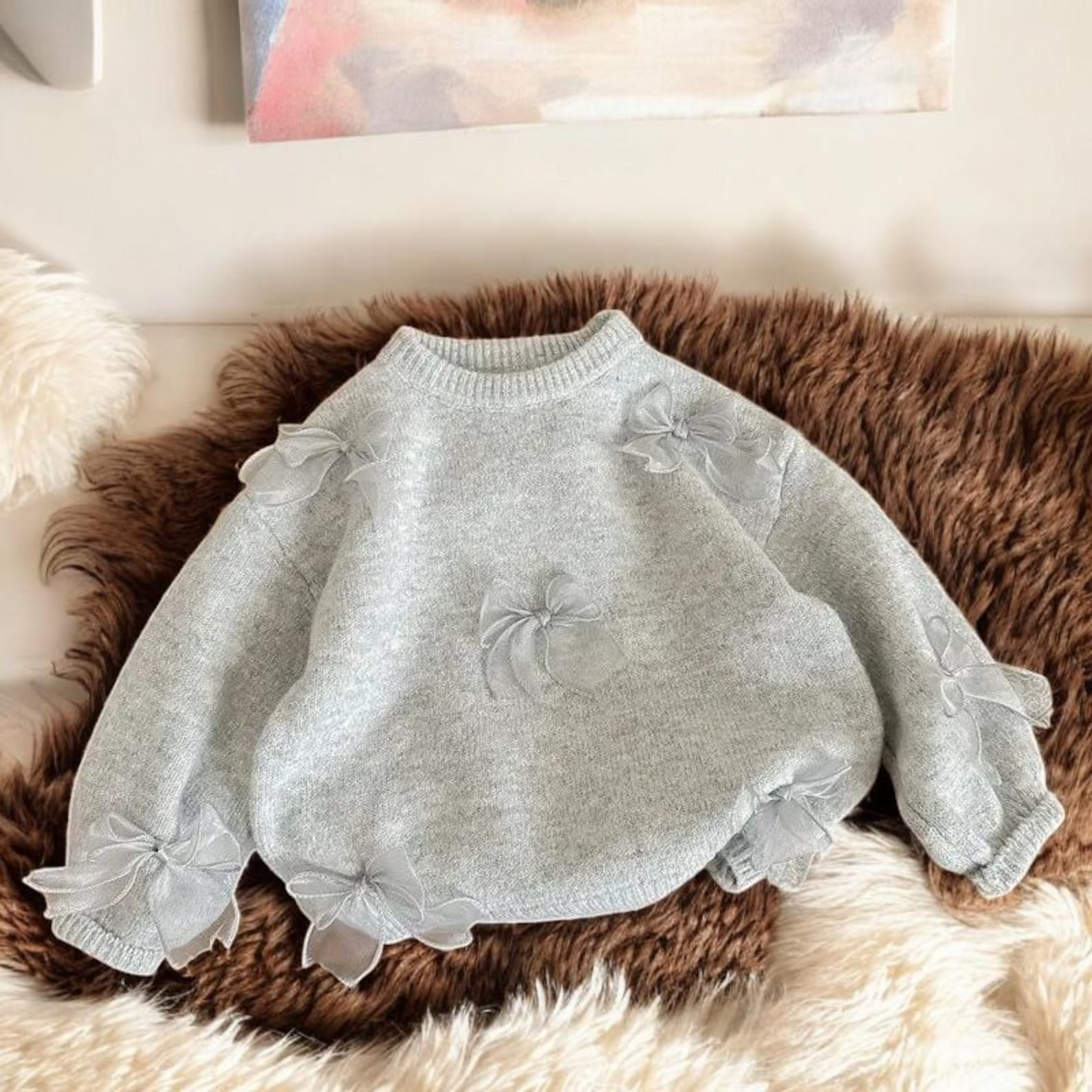 Adorable Girl's Grey/beige Jumper With Bows - Cozy and Stylish Knit ...