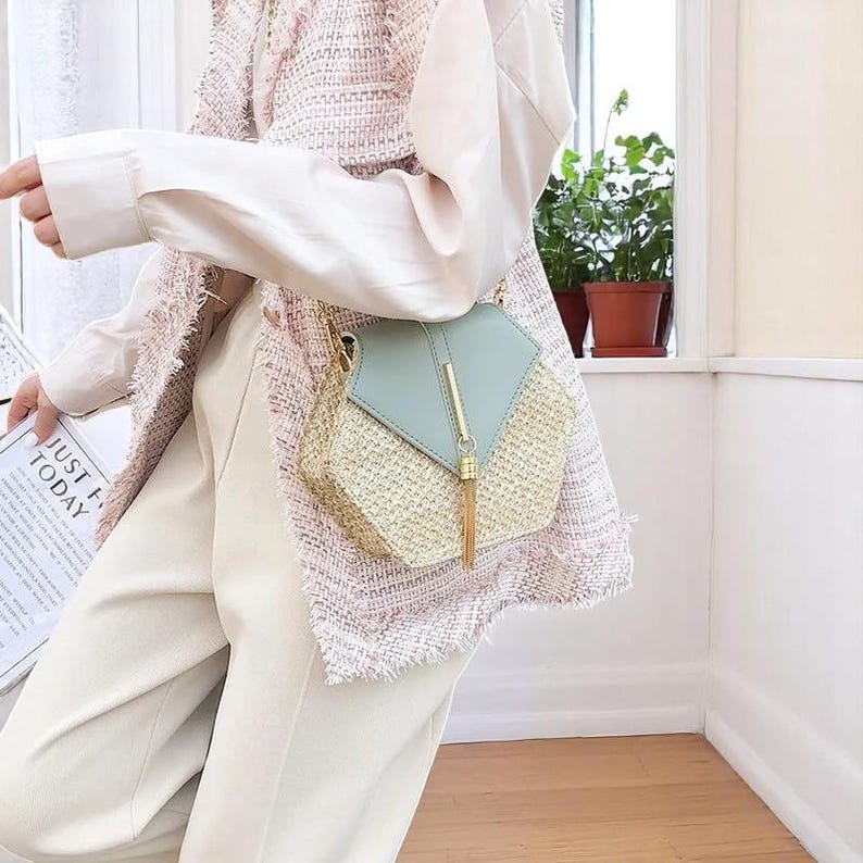 Hexagon Style Straw and Leather Shoulder Bag for Women | Summer Rattan ...