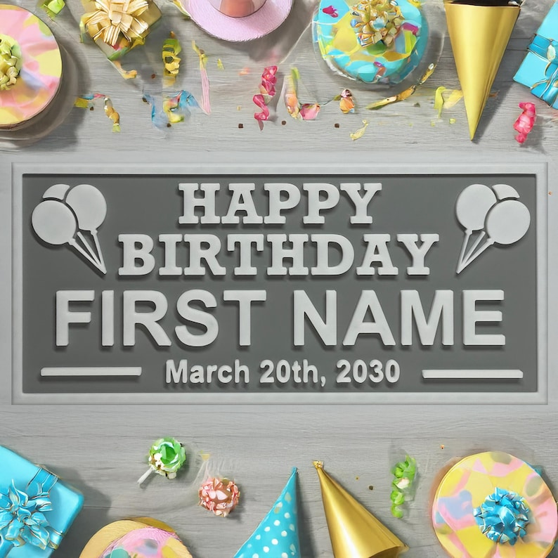 Personalized Happy Birthday Sign, Custom Name Display With Date, Gray ...