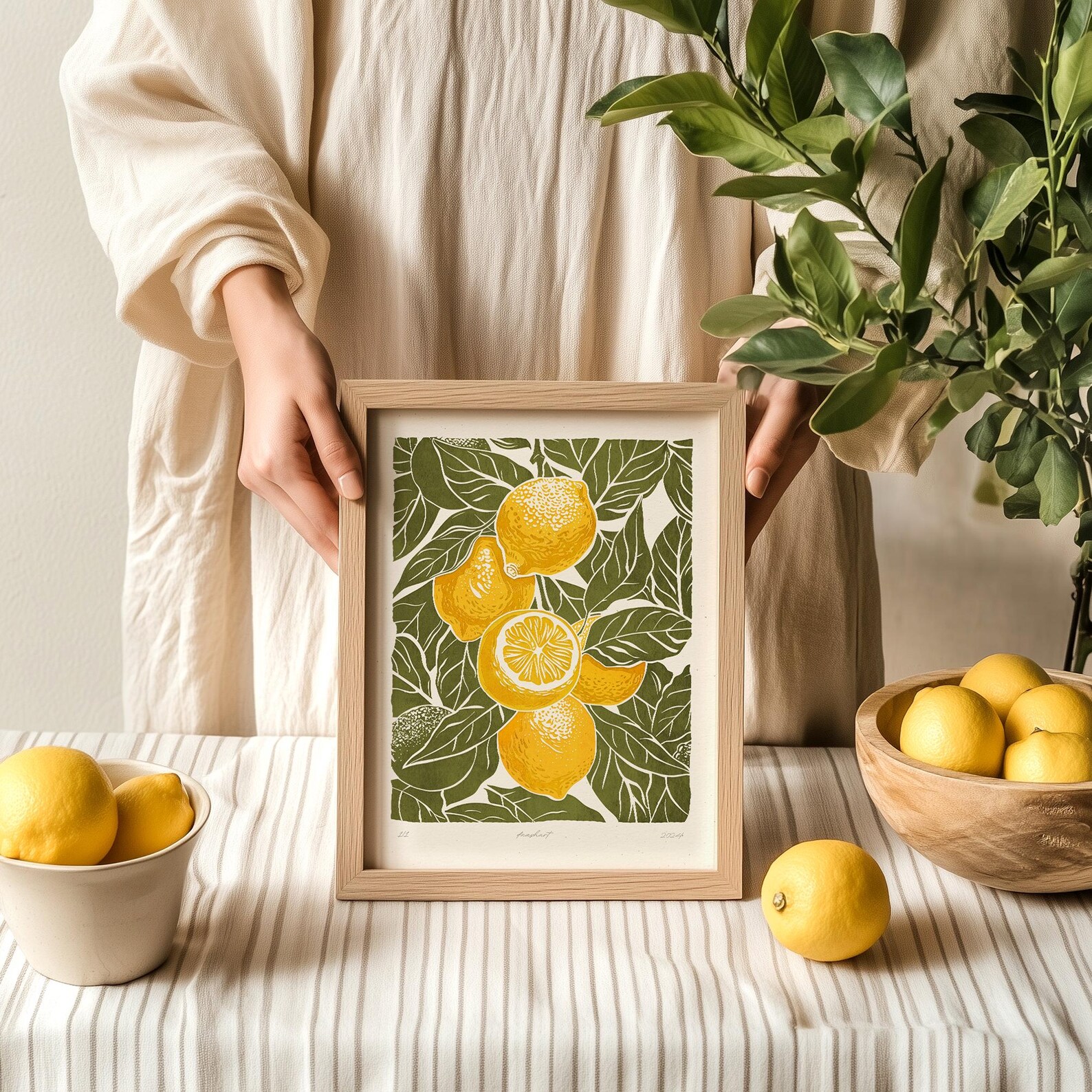 Sage Green Lemons Fruit Linocut Prints | Relief Textured Printable Wall ...
