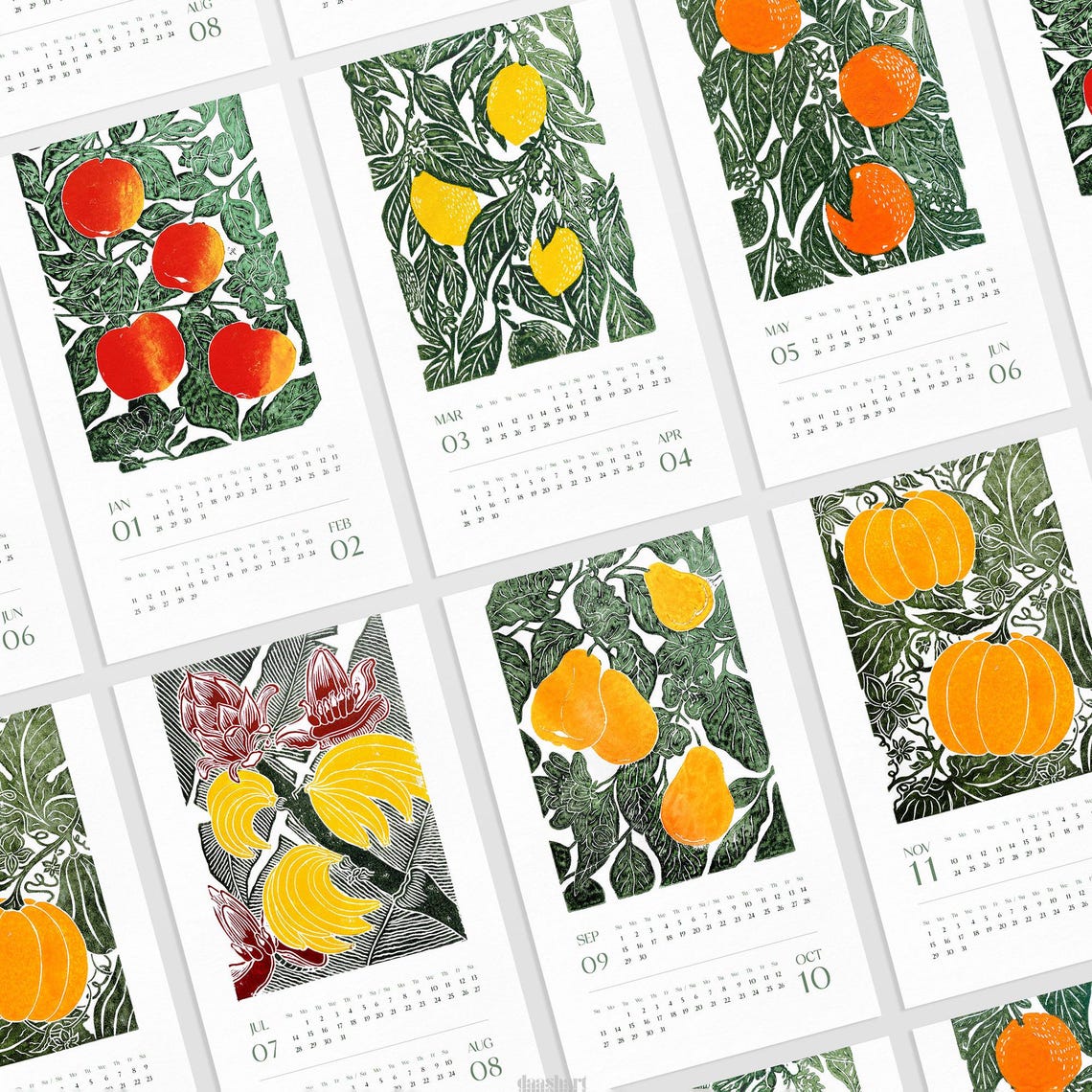Bright Botanical Printable Calendar 2026 Citrus Pear Apple Banana ...