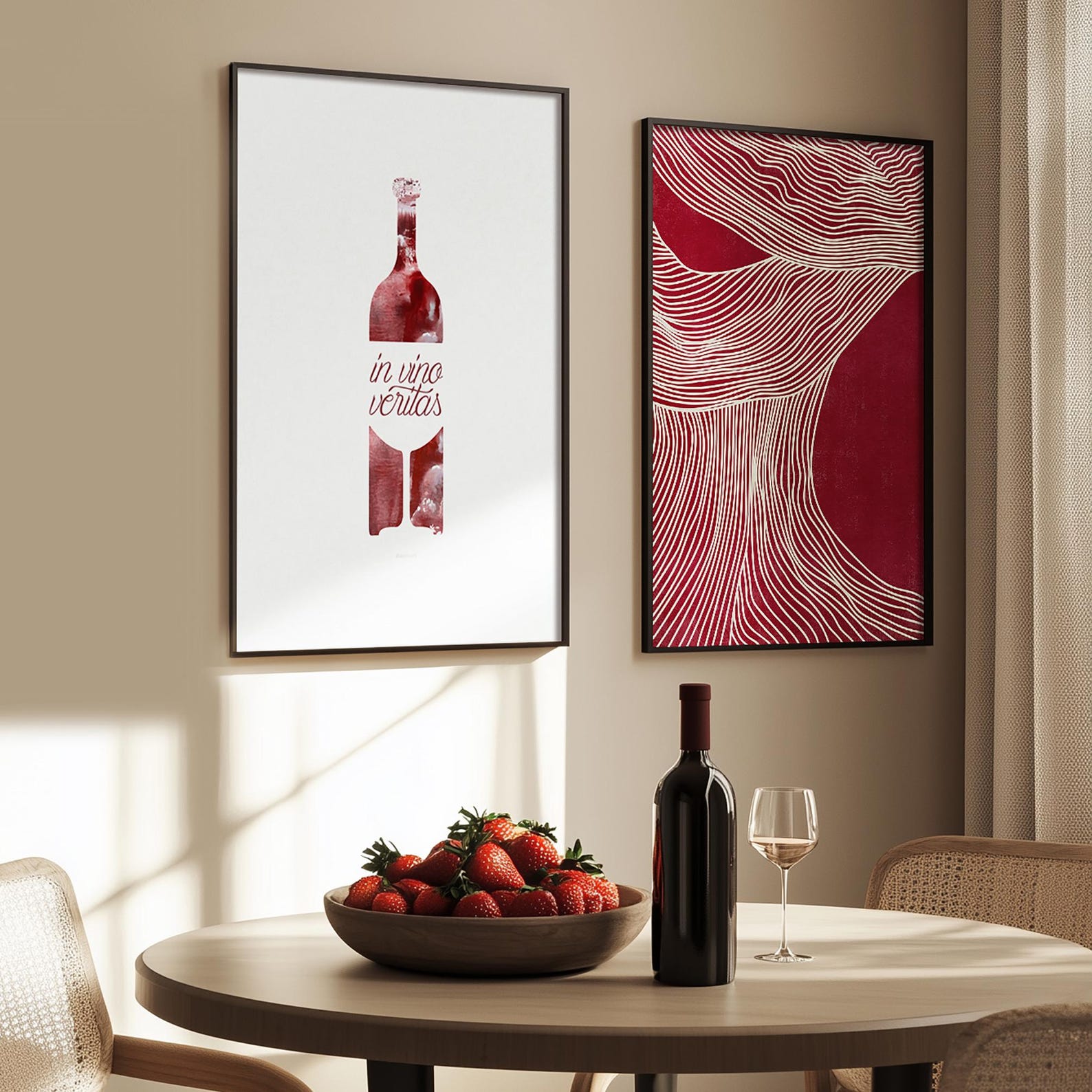 Gallery Wall Set of 2 Cherry Red Abstract Lines Bottle Glass Wine in ...