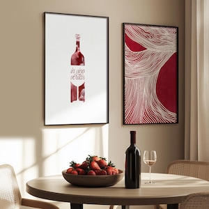 Gallery Wall Set of 2 Cherry Red Abstract Lines Bottle Glass Wine in ...