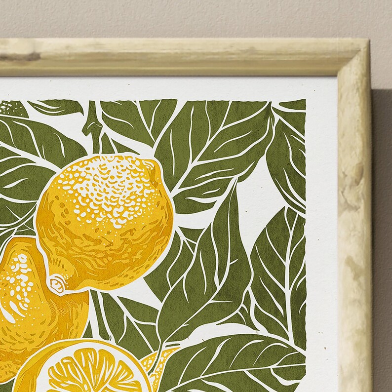 Sage Green Lemons Fruit Linocut Prints | Relief Textured Printable Wall ...