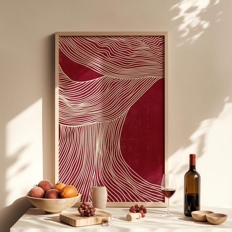 Gallery Wall Set of 2 Cherry Red Abstract Lines Bottle Glass Wine in ...