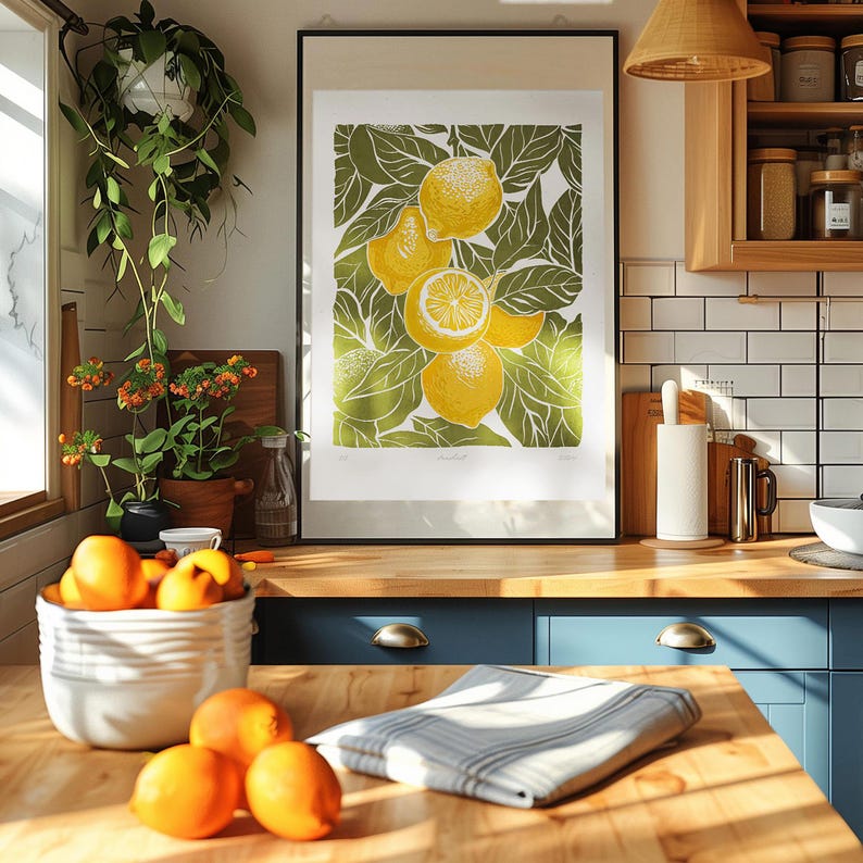 Sage Green Lemons Fruit Linocut Prints | Relief Textured Printable Wall ...