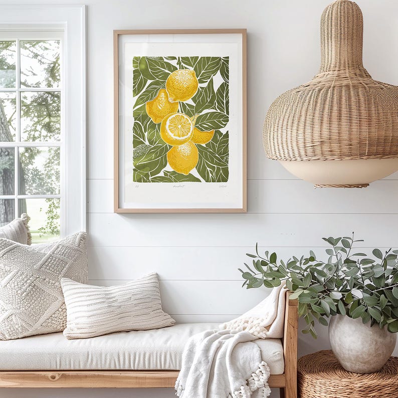 Sage Green Lemons Fruit Linocut Prints | Relief Textured Printable Wall ...