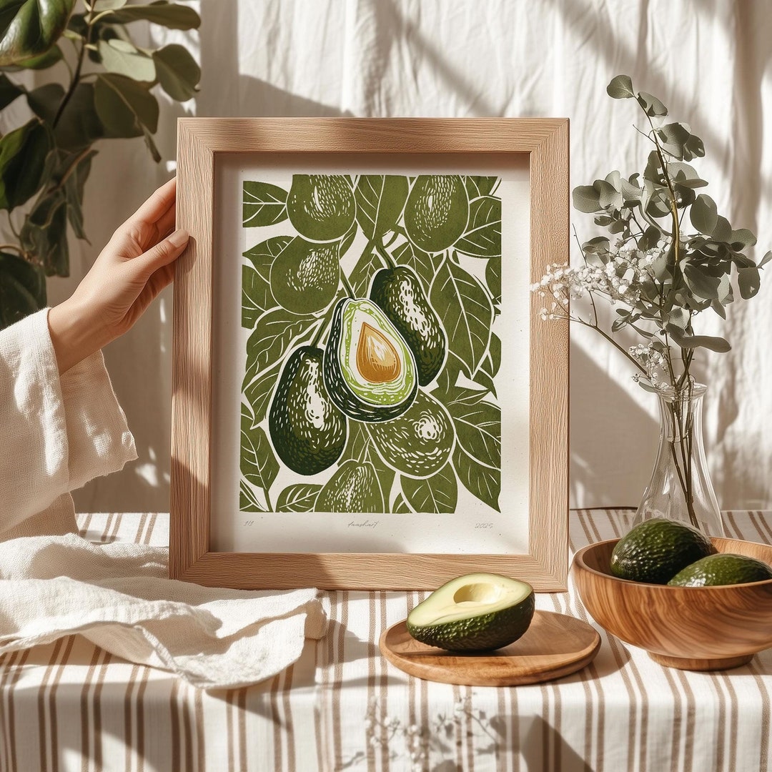 Sage Green Avocado Linocut Prints Relief Textured Printable Wall Art ...