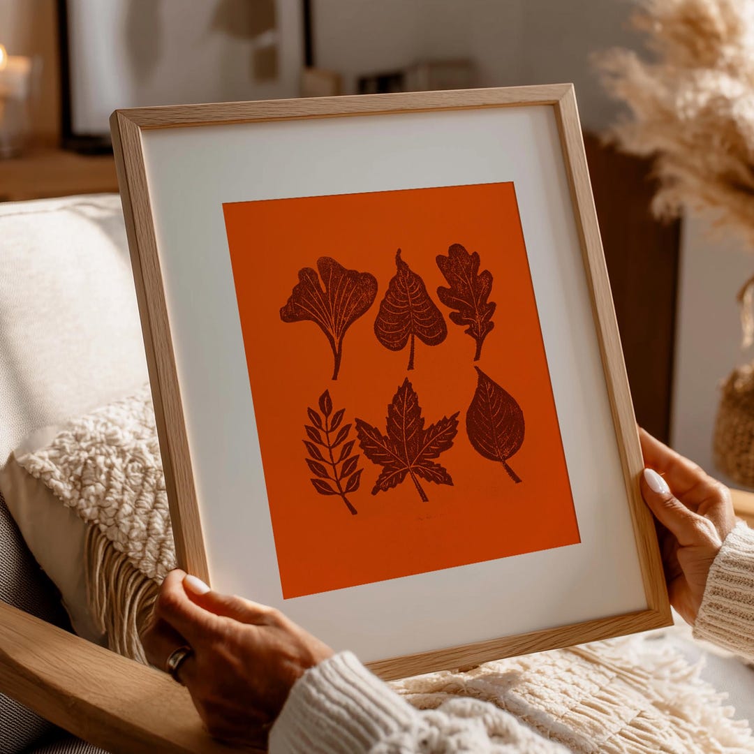 Minimalist Foraged Fall Foliage Printable Linocut Warm Tones Autumn ...