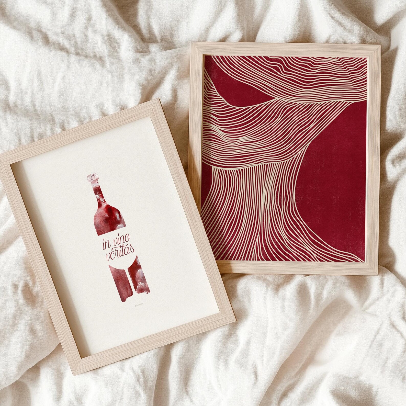 Gallery Wall Set of 2 Cherry Red Abstract Lines Bottle Glass Wine in ...