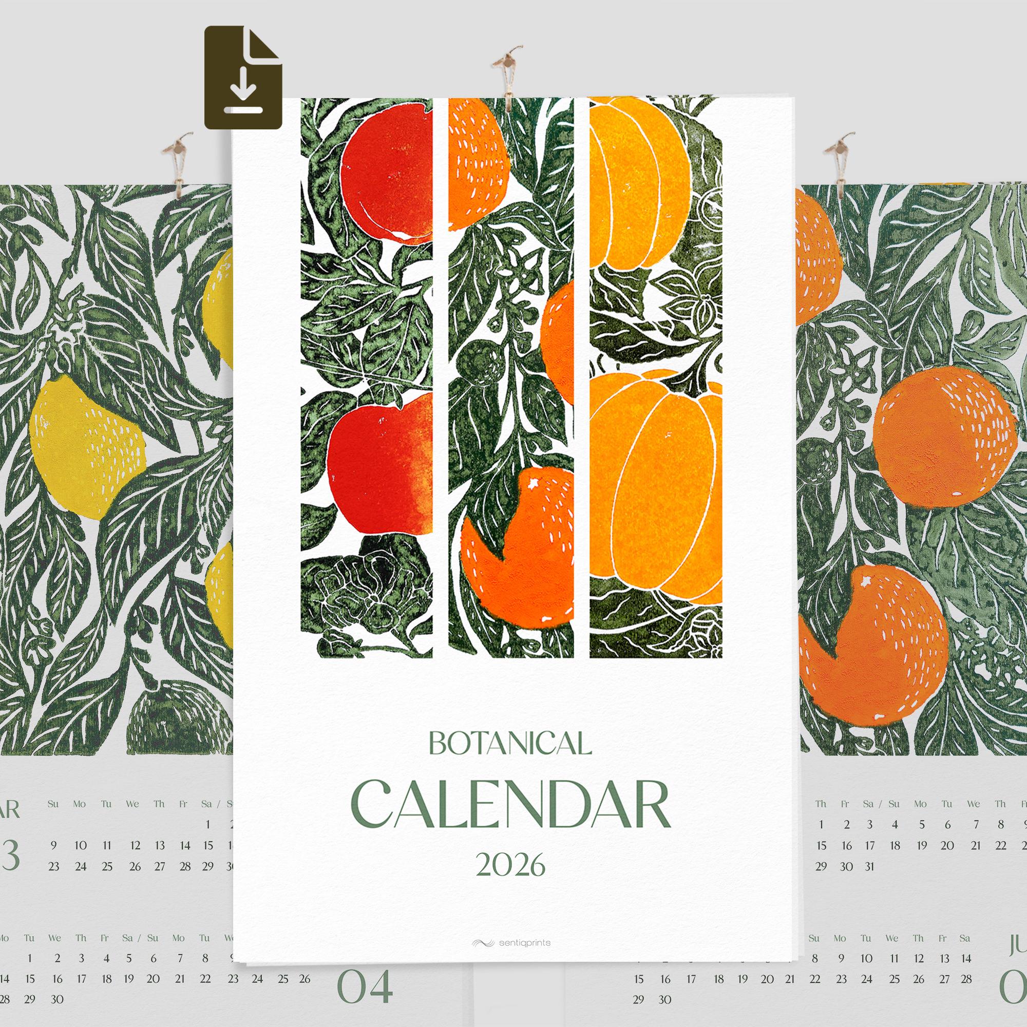 Bright Botanical Printable Calendar 2026 Citrus Pear Apple Banana ...