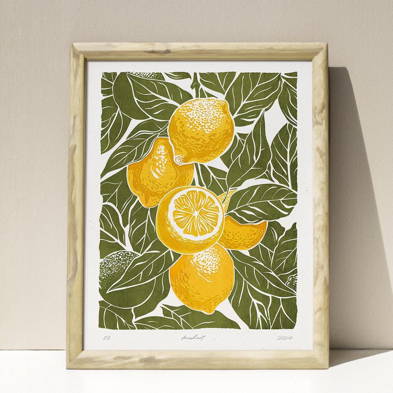 Sage Green Lemons Fruit Linocut Prints | Relief Textured Printable Wall ...