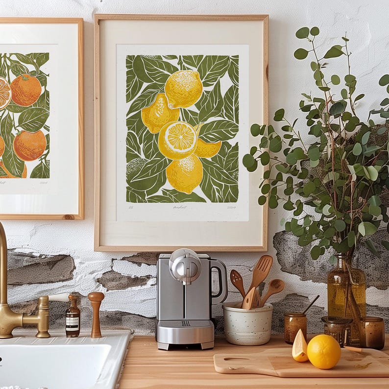 Sage Green Lemons Fruit Linocut Prints | Relief Textured Printable Wall ...