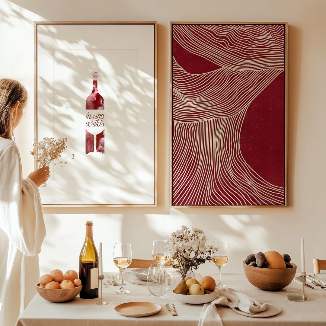 Gallery Wall Set of 2 Cherry Red Abstract Lines Bottle Glass Wine in ...