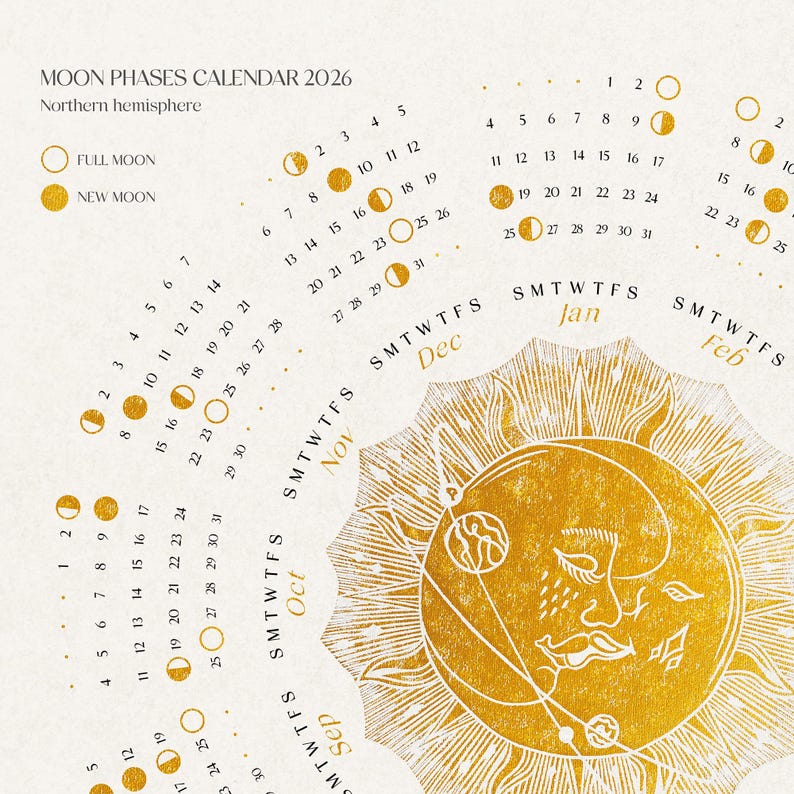 Lunar Calendar 2026 Printable Gold Kiss Moon Sun Phase Desktop ...