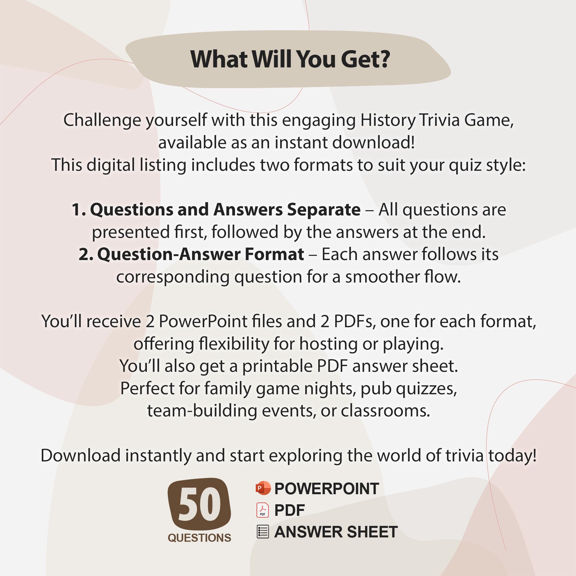 History Trivia Digital Game (#1) | 50 Questions | Trivia Game | Party ...