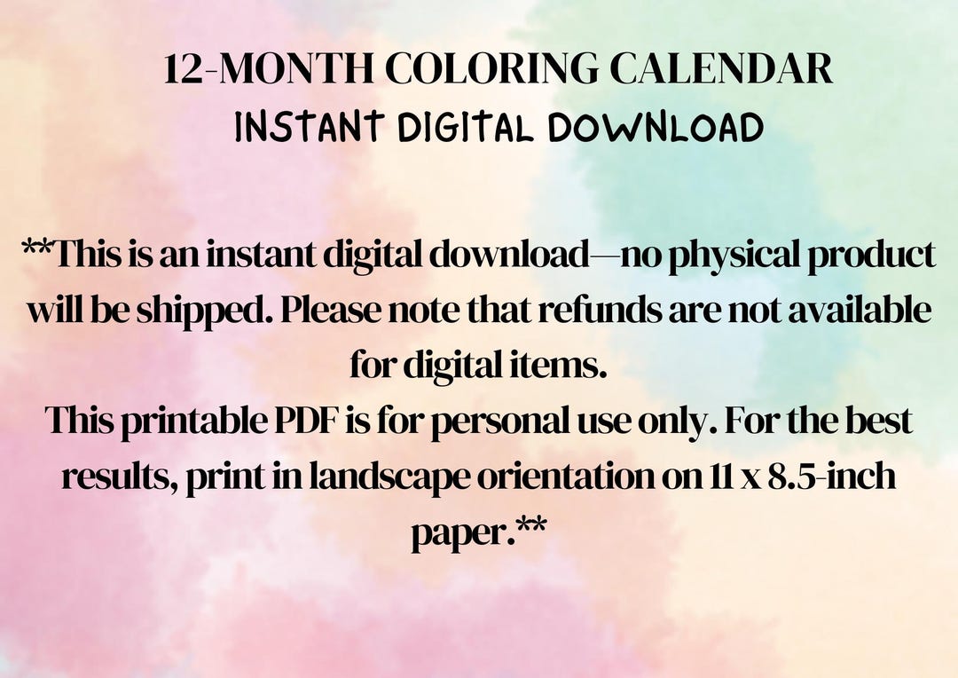 2025 Coloring Calendar, Printable Coloring Calendar, 12 Month Coloring ...
