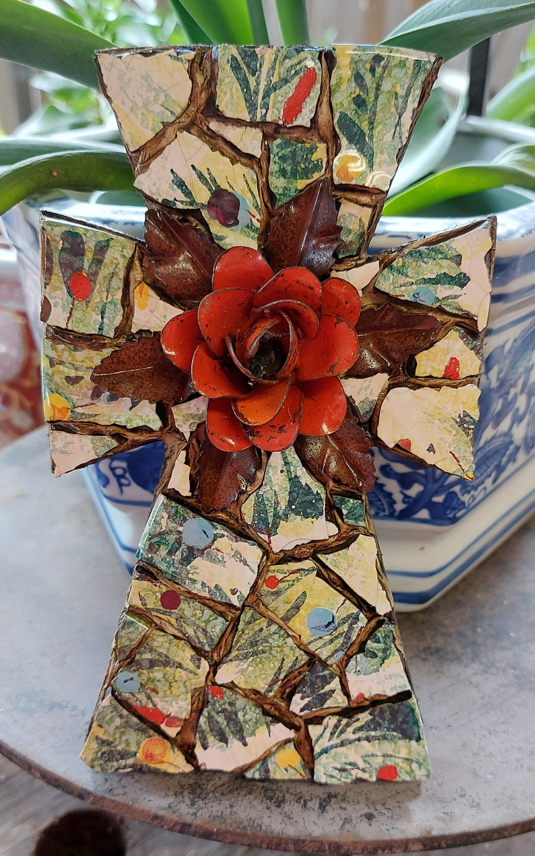 Rustic Red Orange Rose Mosaic Cross - Etsy