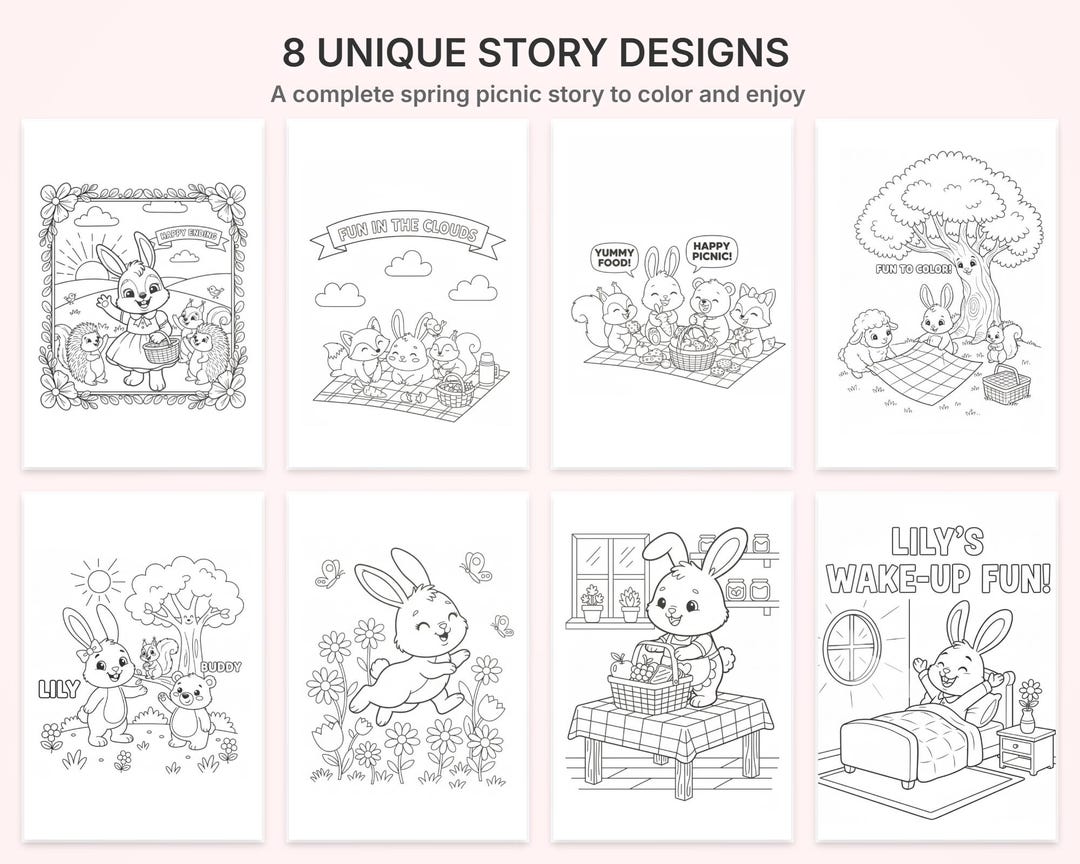 Kids Spring Picnic Coloring Pages | Little Bunny Story | Printable PDF ...