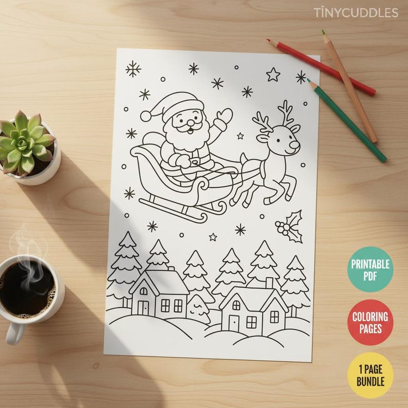 Santa Sleigh Christmas Coloring Pages Kids – Holiday Printable A4 PDF ...