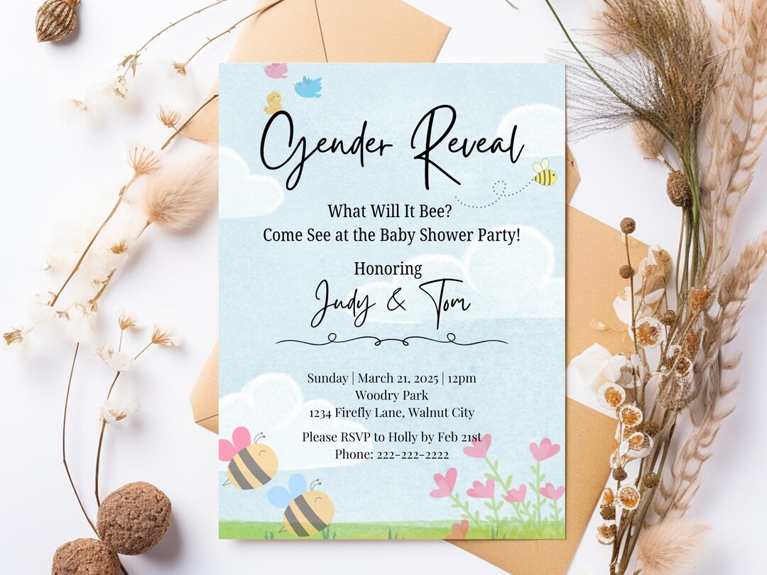 Nature Gender Reveal Baby Shower Digital Template Invitation, Editable ...