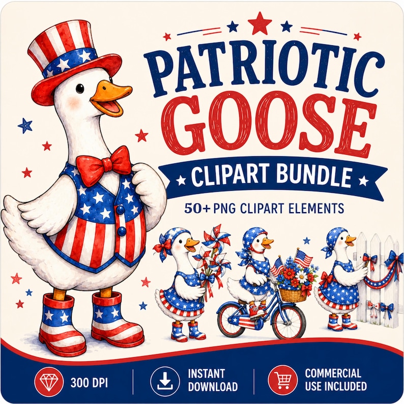Patriotic Goose Clipart Bundle | 50+ Digital Pngs Americana Art for 4th ...
