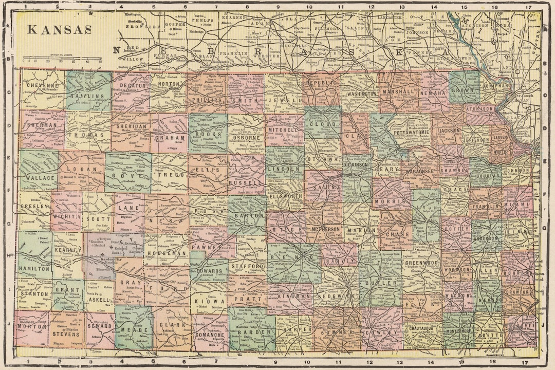Vintage Kansas State Map: 1800s US Historical Art (digital Download) - Etsy